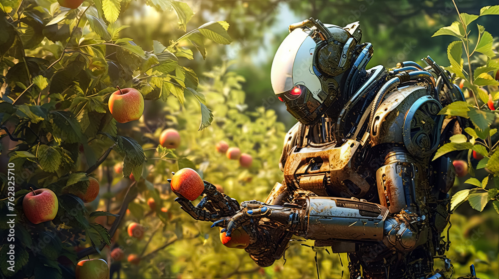 A robot is shown picking an apple from a tree. The robot is wearing a ...