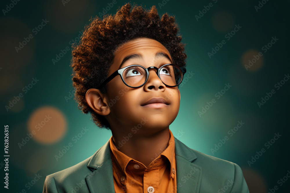Curious African-American kid looking up and thinking, smart kid making ...