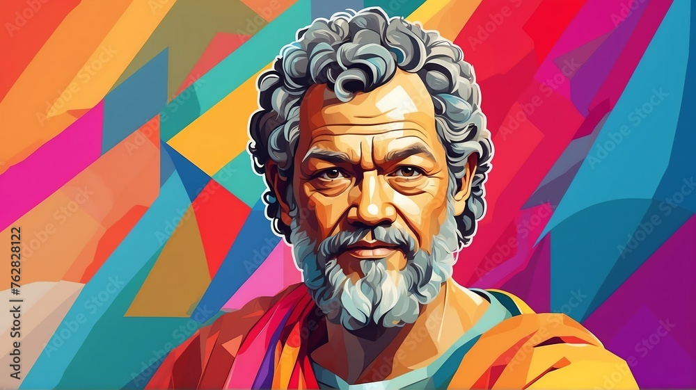 Democritus portrait colorful geometric shapes background. Digital ...