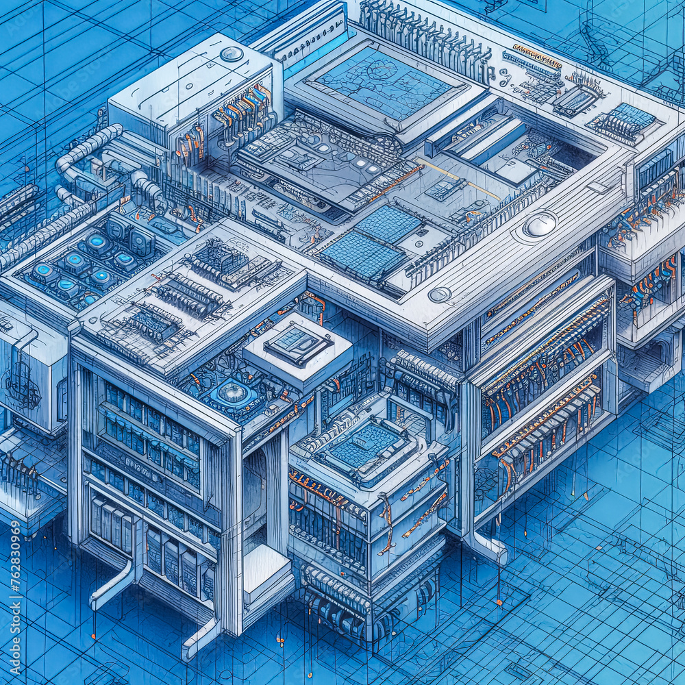 A blue and white drawing of a building with a lot of wires and pipes ...