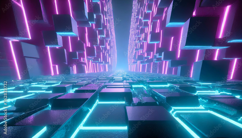 Horizontal High-Resolution Photo of a Glowing Blue and Purple Neon Grid ...