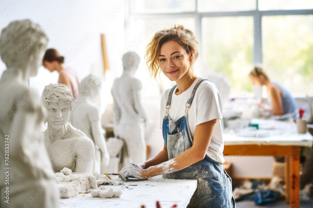 Smiling young woman works on a clay bust sculpture in art workshop ...