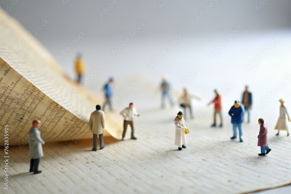 Miniature human. White background. Actors reading a script on a giant ...