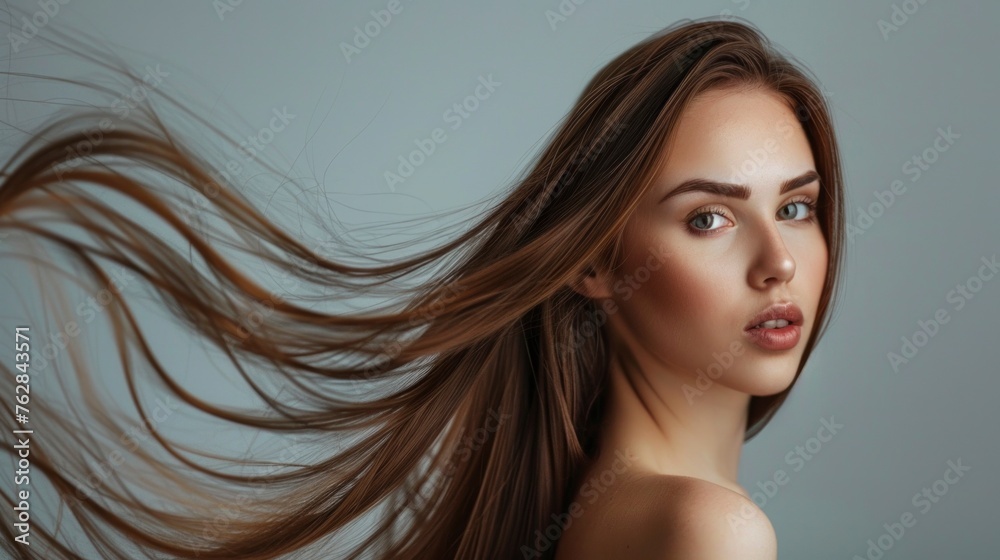 Beautiful white model with brown hair wearing makeup on a gray ...