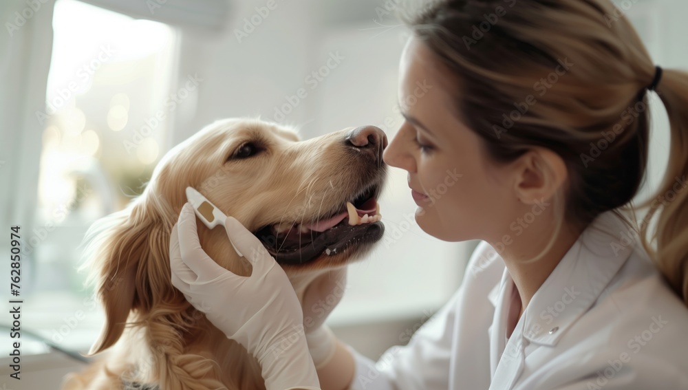 A female vet is inspecting the teeth of a dog, a loyal companion and ...