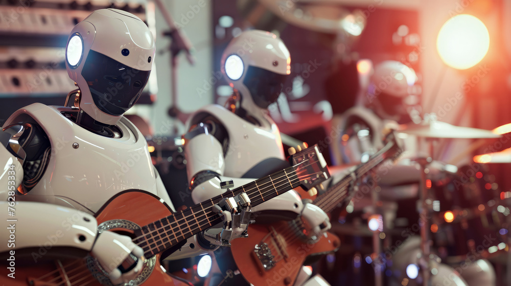 Realistic digital art showing humanoid robots playing guitars under ...