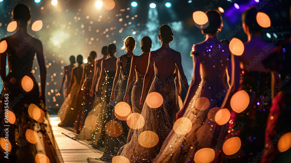High fashion show with beautiful young female models in fine satin ...