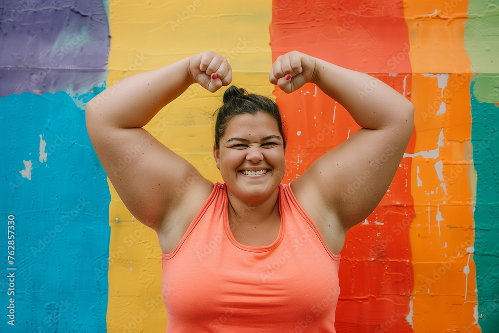 Chubby lesbian woman, young fat girl with expression of victory and ...