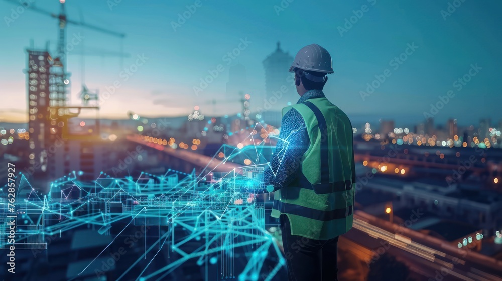 Smart construction development technology concept. Engineer planning ...