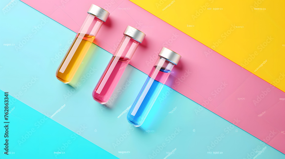 Colorful test tubes with liquid on a multicolored pastel background ...