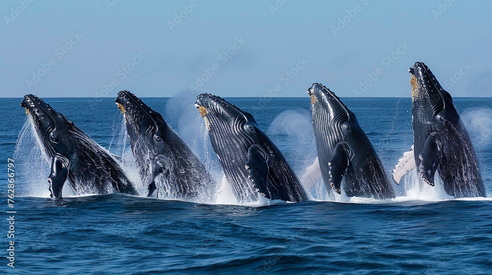 A pod of whales migrating across the open ocean, their massive forms ...