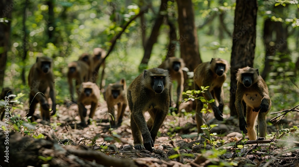 A troop of baboons foraging for food in the forest, their social ...