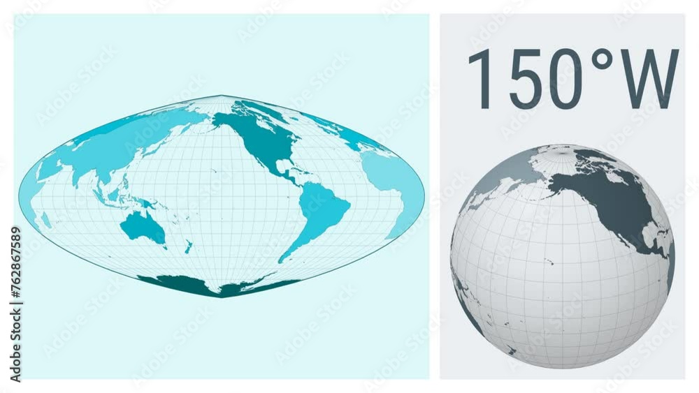 World Map Animation. Boggs eumorphic projection. Colored continents ...