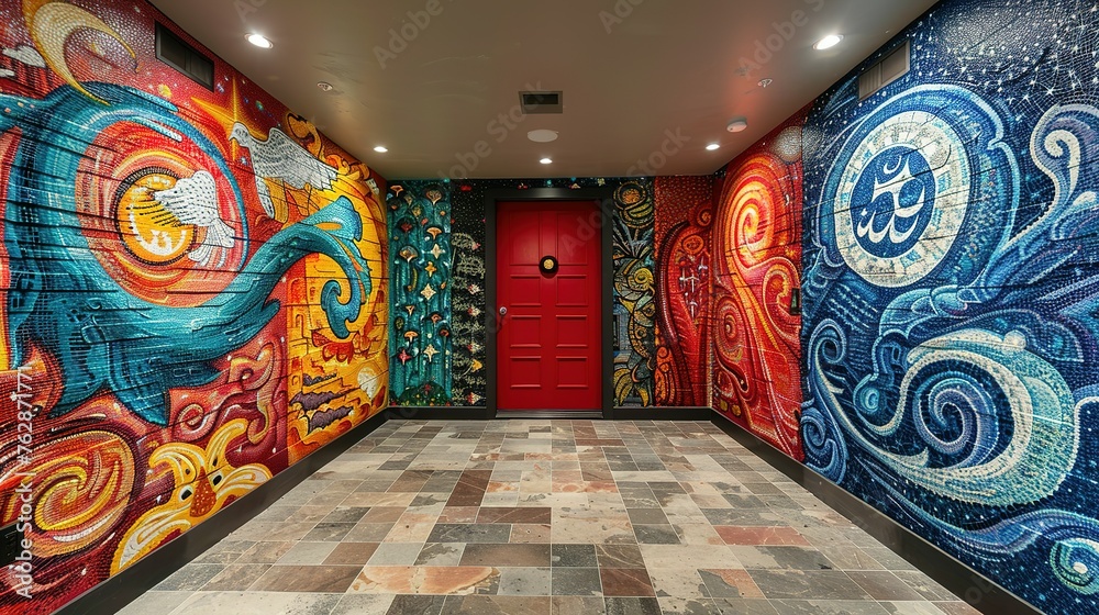 Show a mural wall that blends symbols from multiple religions into one ...