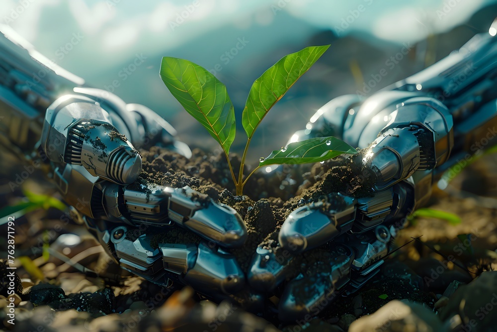 Metal hands, soil and young seedling, symbolizing the combination of ...