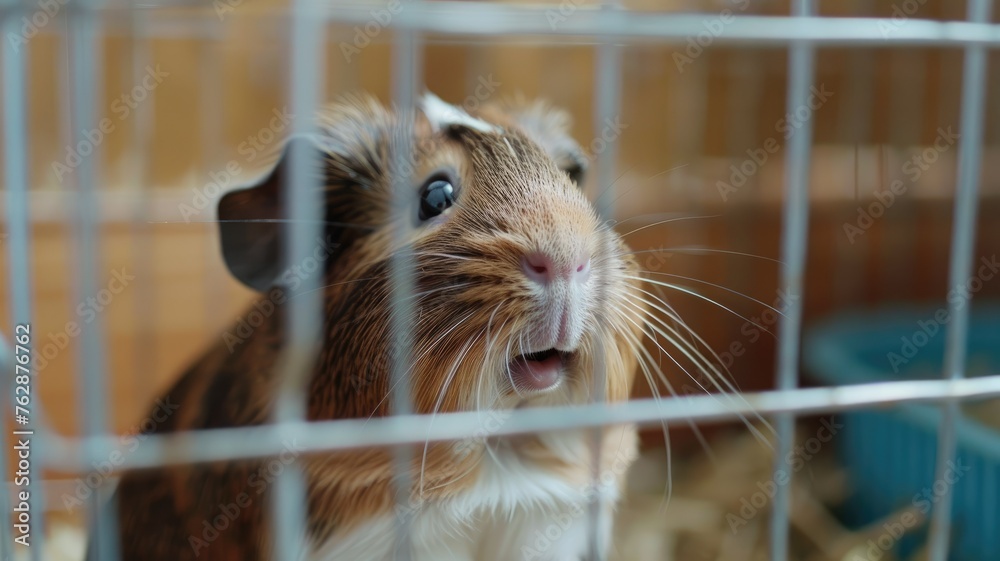 Guinea pig peering out from a metal cage - A close shot of a cute ...