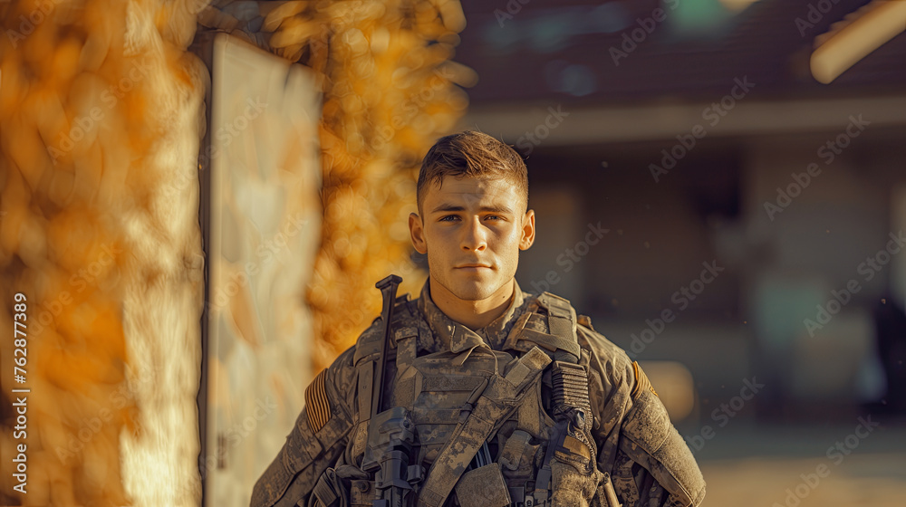 A man in a military uniform who protects the country looks into the ...
