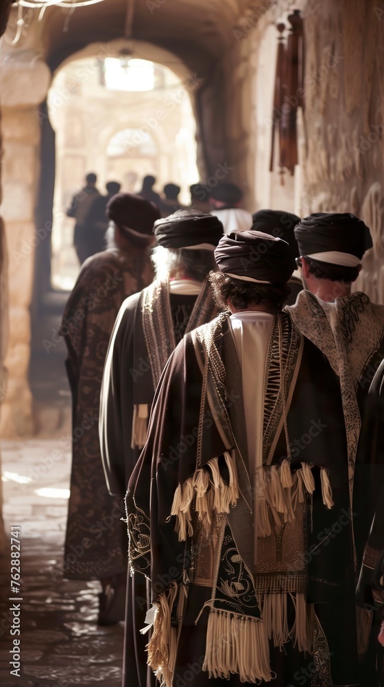Ancient Jewish Pharisees with their backs walking in the ancient city ...