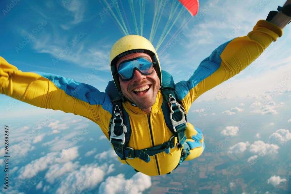 Portrait of a skydiver in a yellow suit with a blue backpack flying at ...