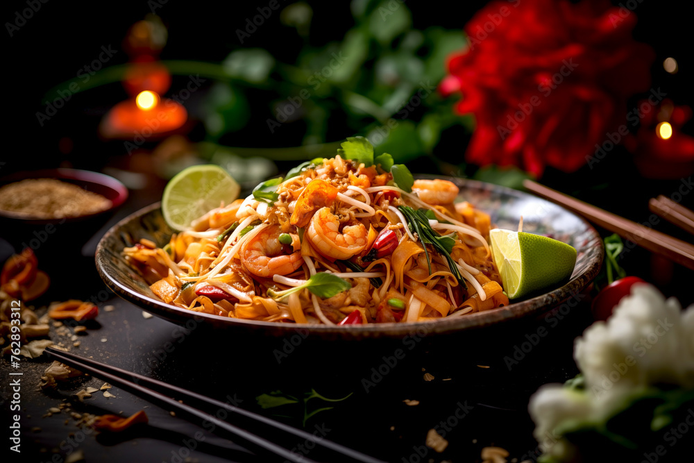 Pad Thai with shrimp, eggs, bean sprouts, peanuts, spring onion and ...