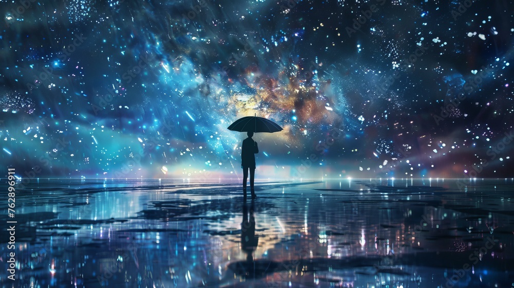 Ethereal concept of a figure holding an umbrella under a rain of light ...