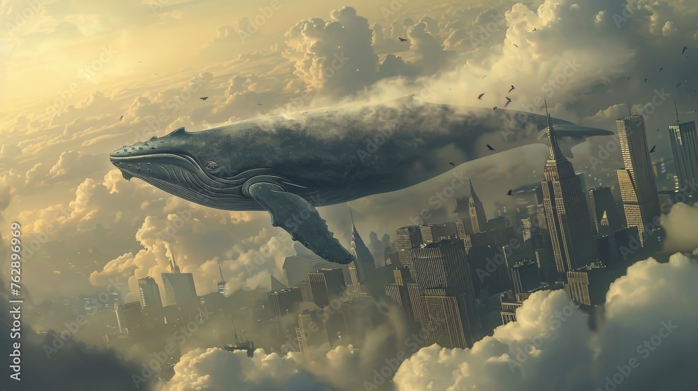 Ethereal scene where a massive whale swims through clouds above a ...
