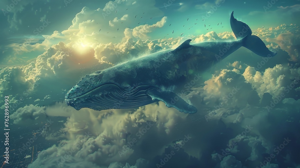 Ethereal scene where a massive whale swims through clouds above a ...