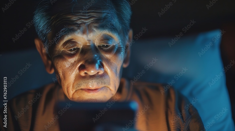 An elderly Asian man has blurred vision from staring at his phone for a ...