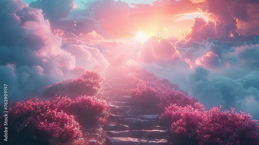 Stairway to heaven in heavenly concept. Religion background. Stairway ...