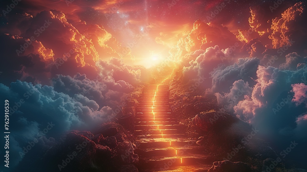 Stairway to heaven in heavenly concept. Religion background. Stairway ...