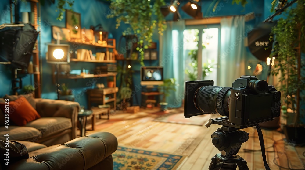 Vlogger greeting viewers in a home studio setup with a warm ambiance ...