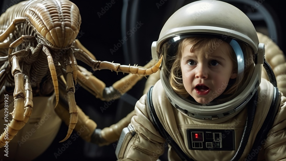 little girl wearing an spacesuit frightened as she attacked by a ...