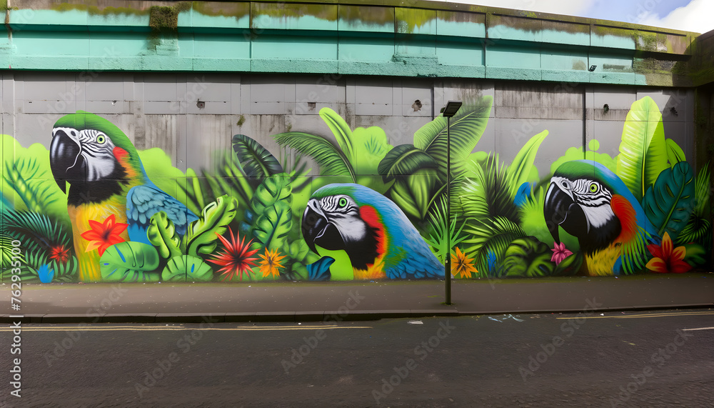 the jungle scene mural, featuring the three graffiti-style parrots on a ...