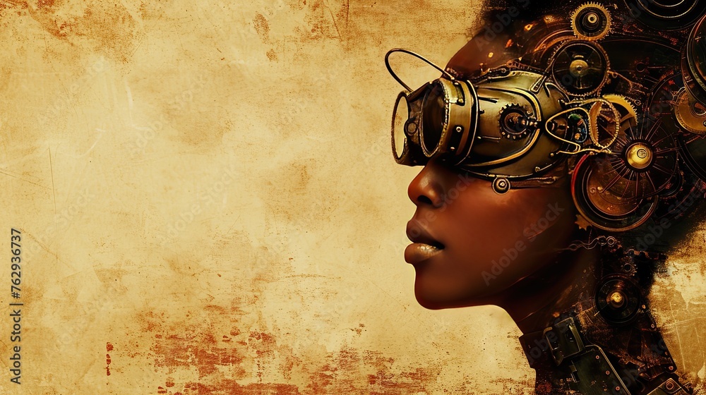 Abstract steampunk background with woman portrait, gears, pipes ...