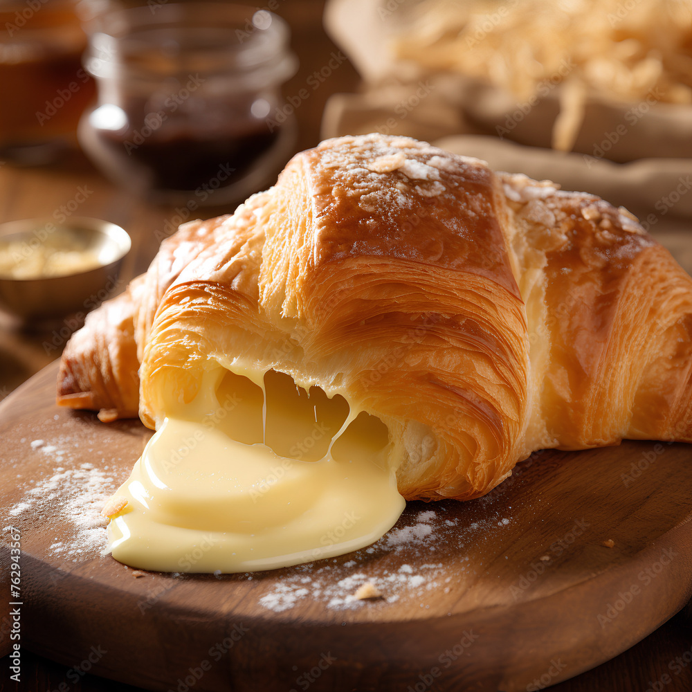 Famous French croissant with yummy look and toppings and fillings, puff ...