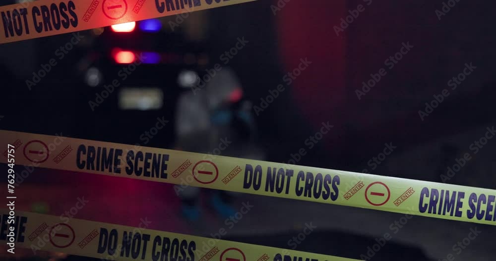 Police tape, crime scene or csi with investigation of evidence with ...