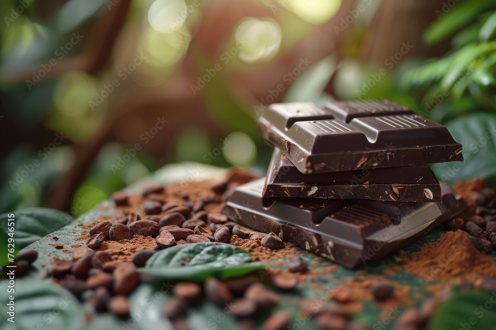 Artisan dark chocolate bars with organic cocoa beans and leaves Stock ...
