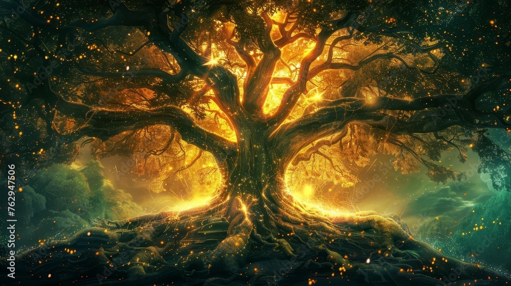 Majestic ancient tree with intricate root system and glowing magical aura, enchanting digital ...