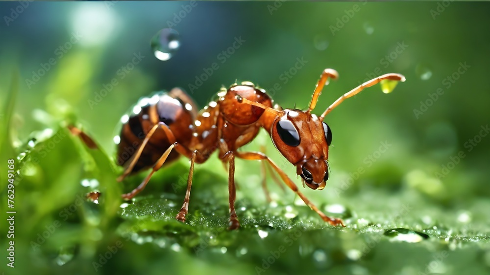 ant on a leaf-Macro Marvels: Close-up Capture of Ants Amidst Glistening Grass Blades, Adorned ...