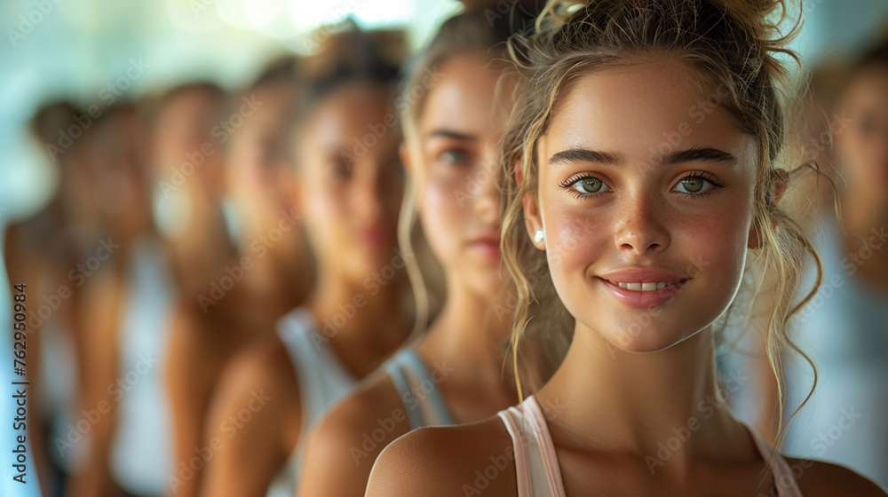 A wide photo of cute dancing girl face with slim body wearing pink ...