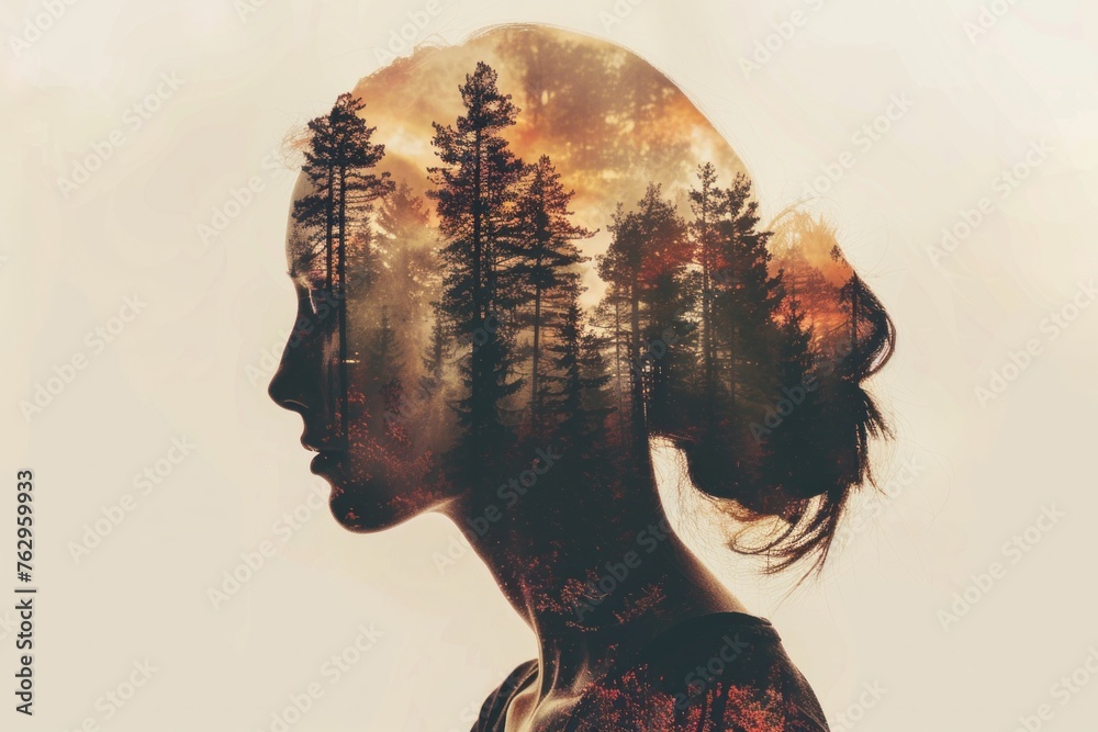Portrait of a young woman with a forest inside her head, symbolizing ...