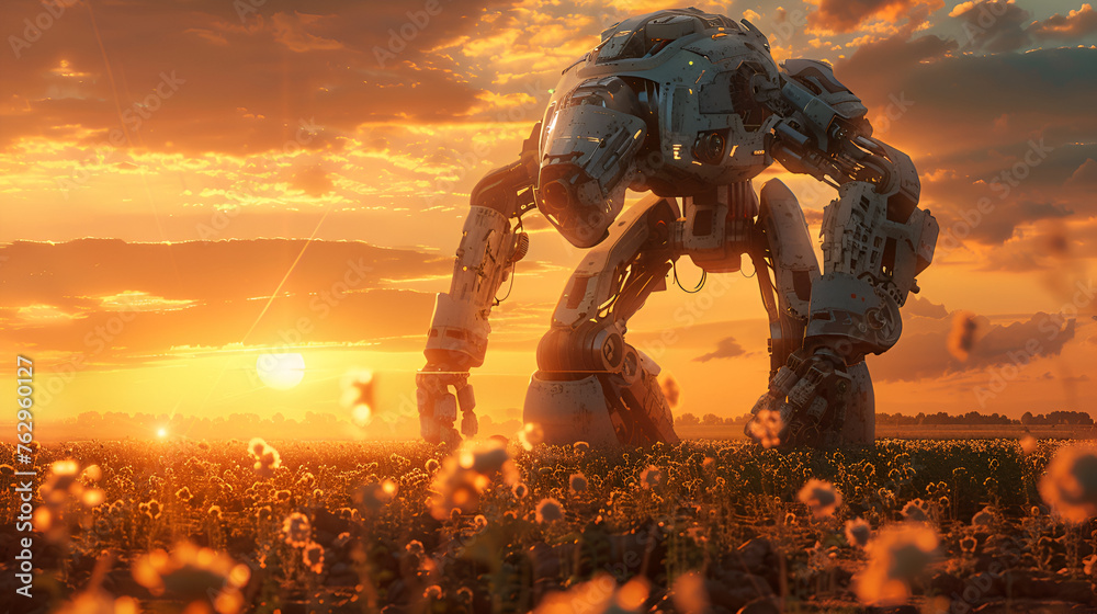 humanoid robot android farmer helps grow plants, vegetable garden of ...