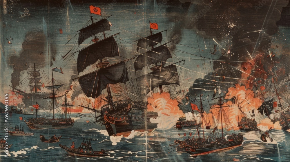 A woodblock print depicts a fierce fight between a heavily armed battle ...