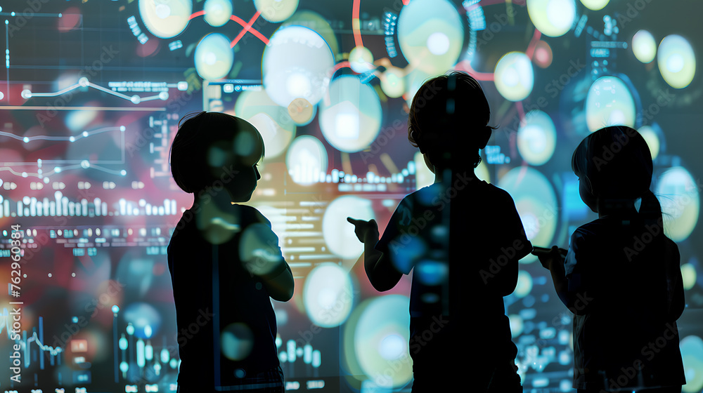 Three children are looking at a computer screen with a lot of numbers ...