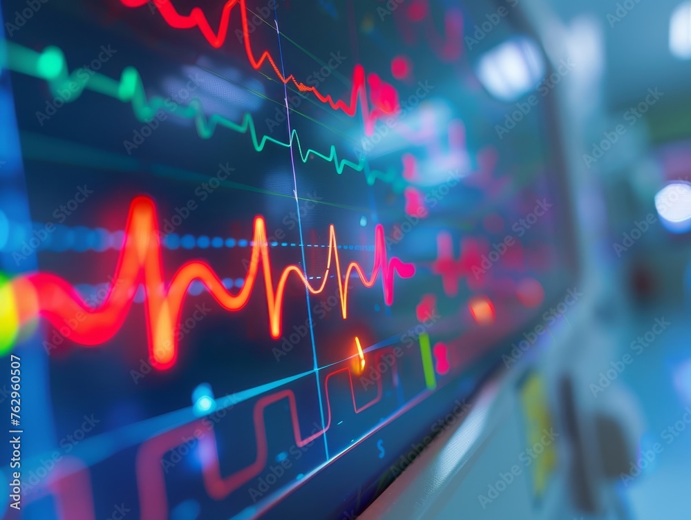 Close-up of a vibrant, illuminated medical monitor displaying vital ...