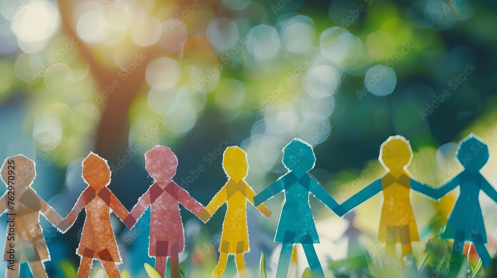 United community of paper chain people standing together hand in hand ...