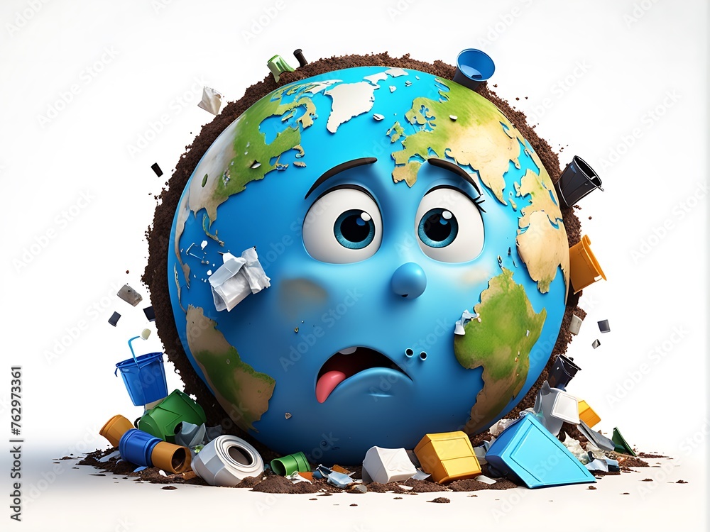 Planet earth with garbage and waste isolated on white background. 3D ...
