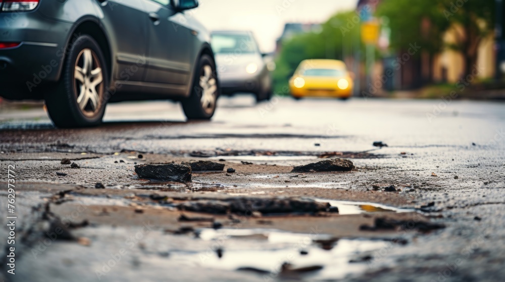 car wheels running and closed up Very bad quality street with potholes ...