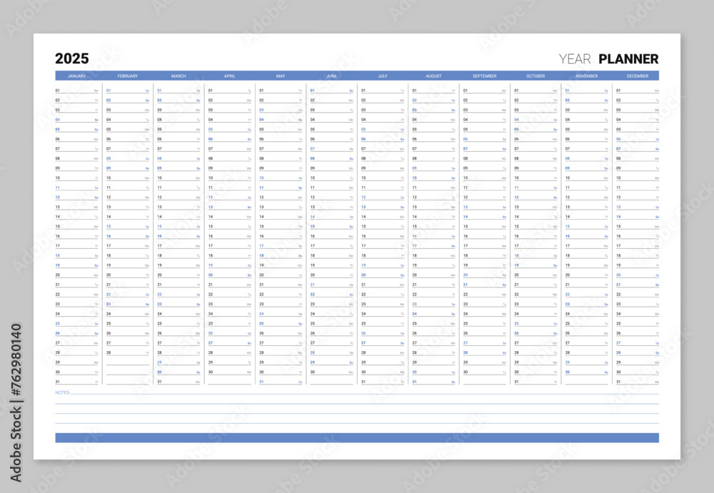 Year 2025 blue calendar with daily agenda vector illustration. Schedule ...