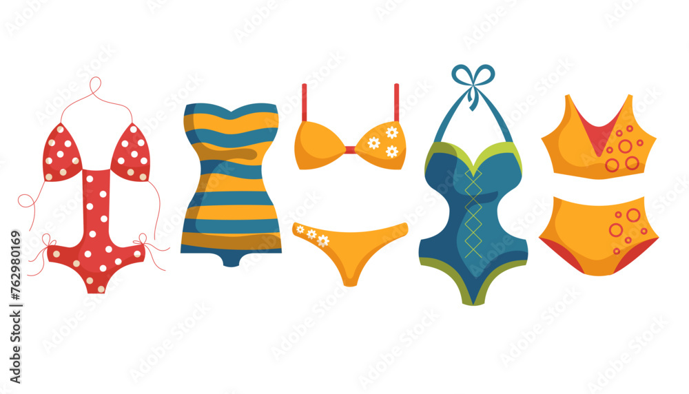 Swimwear collection. Set of different types Women's Swimwear. Split ...